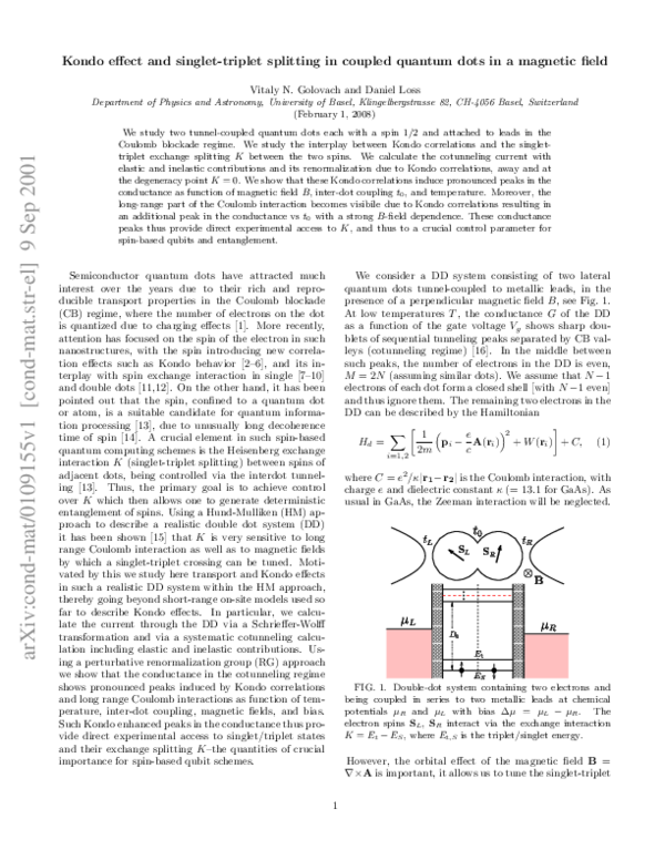 (PDF) Kondo effect and singlet-triplet splitting in coupled quantum ...