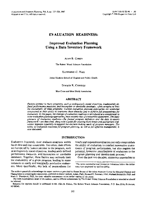 (PDF) Evaluation readiness: improved evaluation planning using a data inventory framework