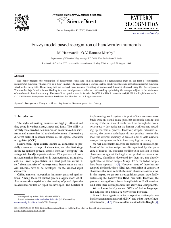 (PDF) Fuzzy model based recognition of handwritten numerals