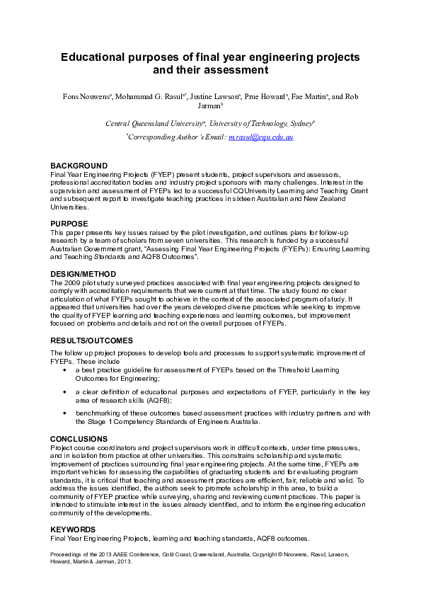 (DOC) Educational purposes of final year engineering projects and their assessment