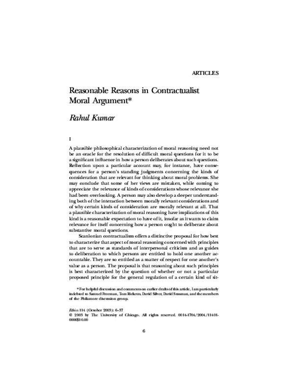 (PDF) Reasonable Reasons In Contractualist Moral Argument Ethics (2003)