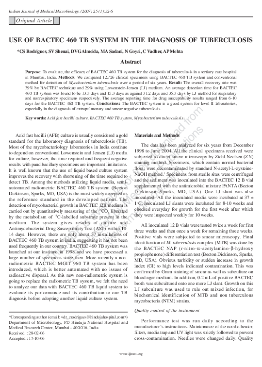(PDF) Use of bactec 460 TB system in the diagnosis of tuberculosis