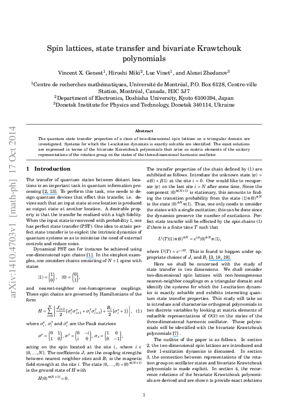 (PDF) Spin lattices, state transfer and bivariate Krawtchouk polynomials