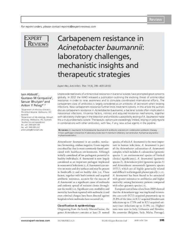 (PDF) Carbapenem resistance in Acinetobacter baumannii : laboratory challenges, mechanistic ...