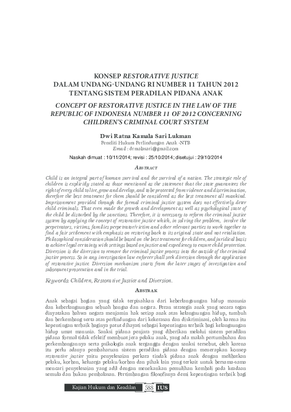 (PDF) CONCEPT OF RESTORATIVE JUSTICE IN THE LAW OF THE REPUBLIC OF INDONESIA NUMBER 11 OF 2012 ...
