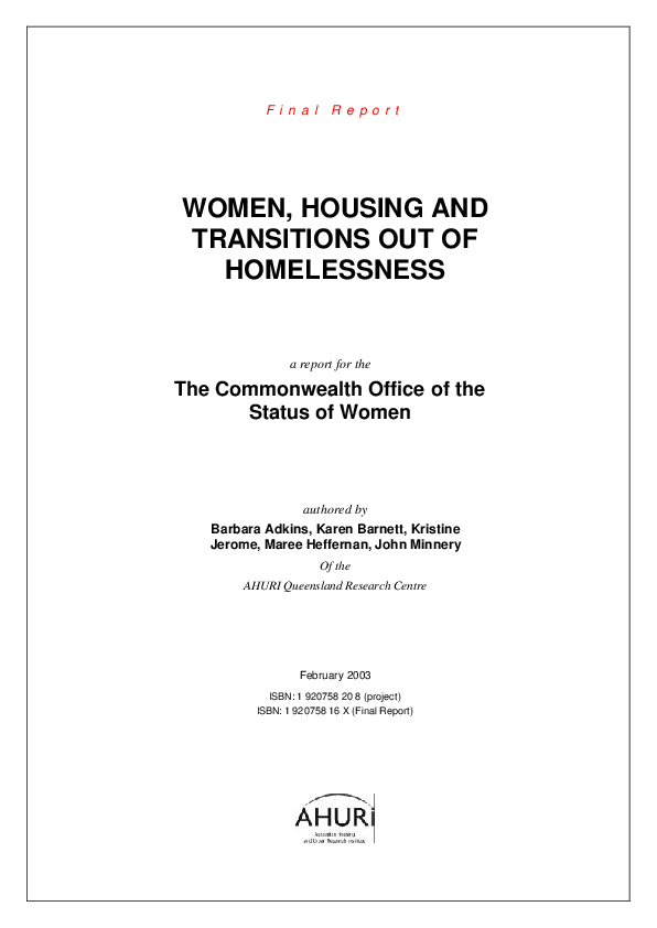 (PDF) Women, housing and Transitions out of Homelessness : a report for ...