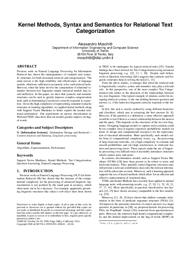 (PDF) Kernel methods, syntax and semantics for relational text categorization