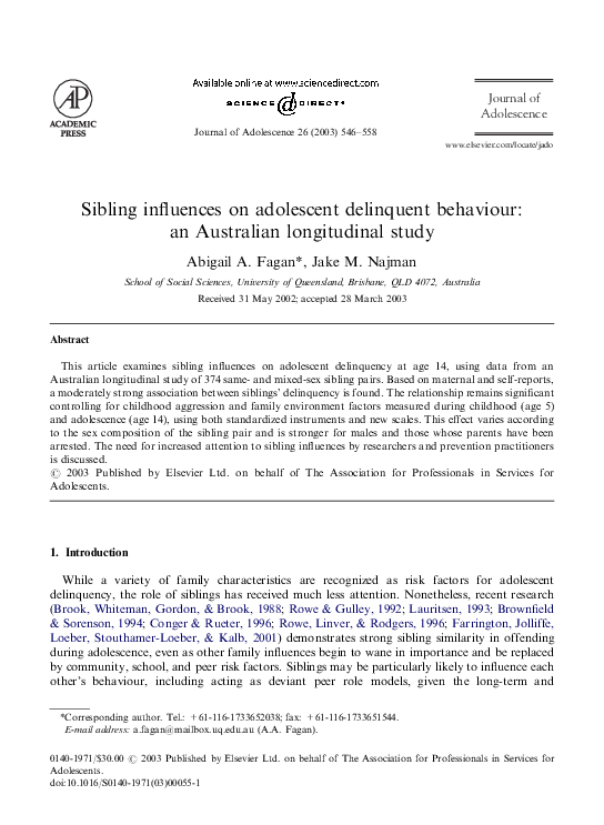 Pdf Sibling Influences On Adolescent Delinquent Behaviour An