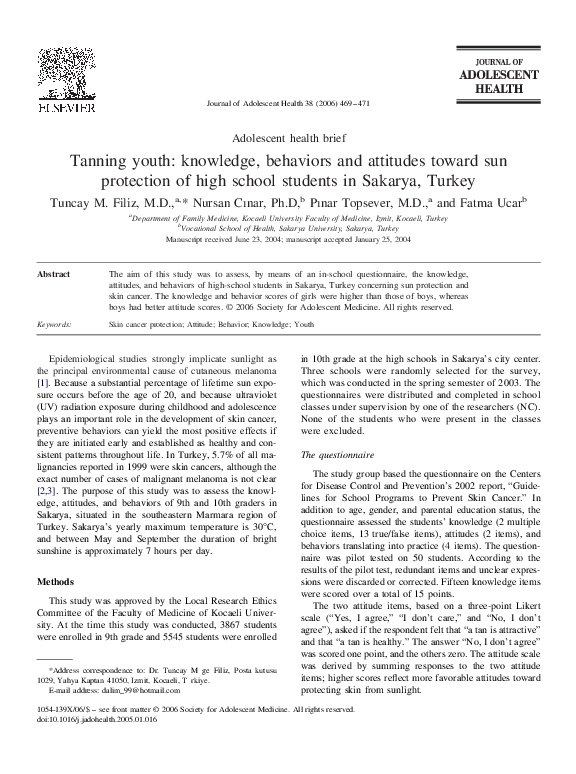 (PDF) Tanning youth: knowledge, behaviors and attitudes toward sun ...