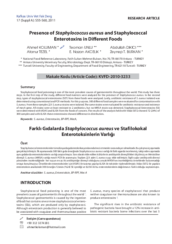 Pdf Presence Of Staphylococcus Aureus And Staphylococcal Enterotoxins In Diff Erent Foods