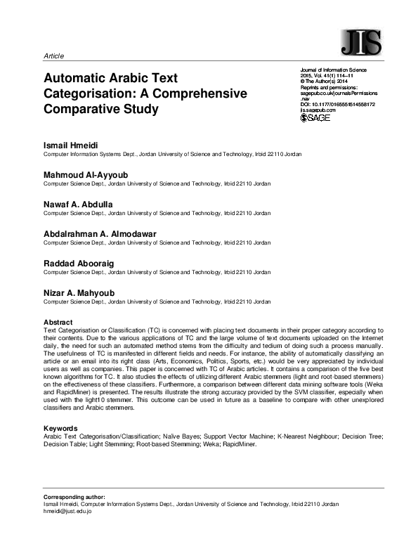 Pdf Automatic Arabic Text Categorization A Comprehensive Comparative
