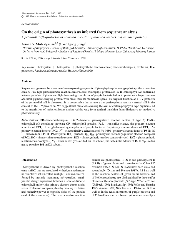 (PDF) On the origin of photosyn-thesis as inferred from sequence analysis