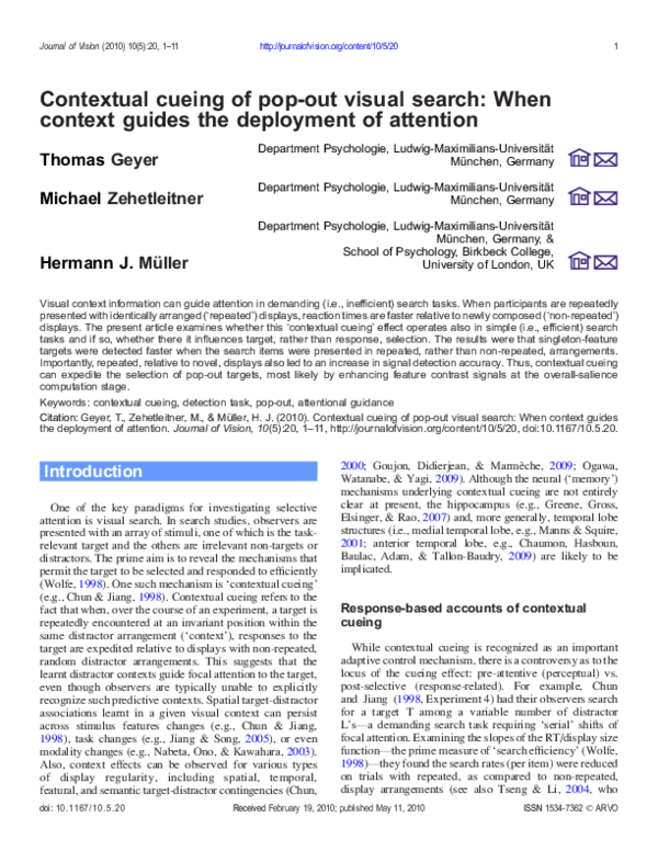 Pdf Contextual Cueing Of Pop Out Visual Search When Context Guides The Deployment Of Attention
