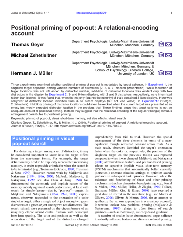 Pdf Positional Priming Of Pop Out A Relational Encoding Account