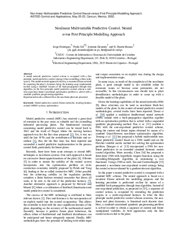 Non Linear Multivariable Predictive Control Neural Versus First Principle Modelling Approach 2474