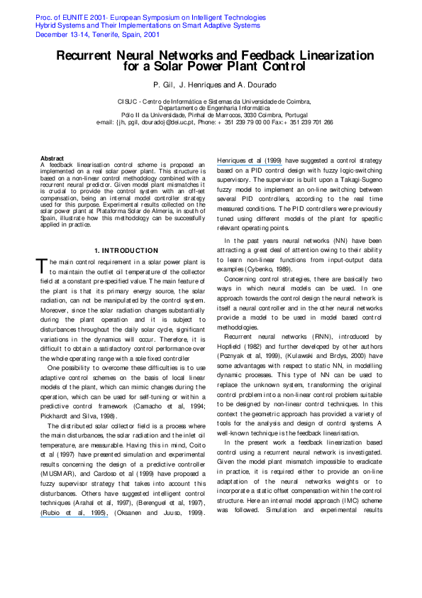 Pdf Rnn And Feedback Linearization In Solar Plants 