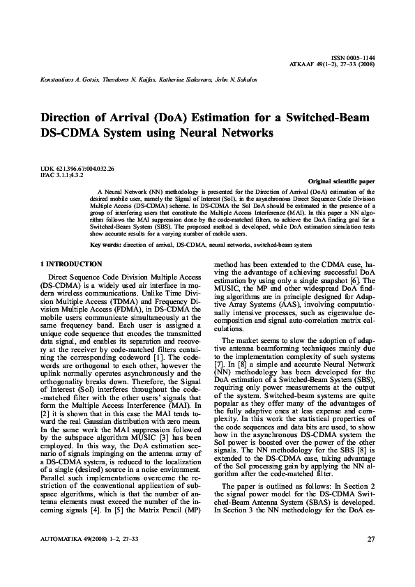 Pdf Direction Of Arrival Doa Estimation For A Switched Beam Ds Cdma System Using Neural Networks