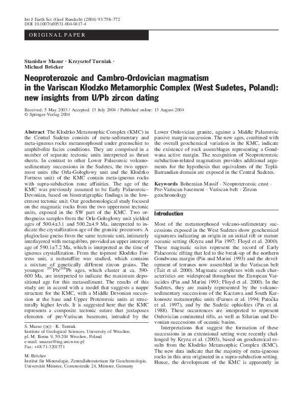 (PDF) Neoproterozoic and Cambro-Ordovician magmatism in the Variscan K?odzko Metamorphic Complex ...