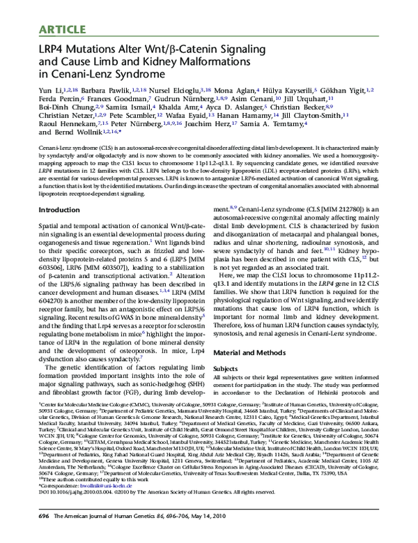 (PDF) LRP4 Mutations Alter Wnt/β-Catenin Signaling and Cause Limb and ...
