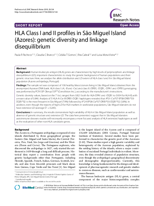(PDF) HLA Class I and II profiles in São Miguel Island (Azores): genetic diversity and linkage ...