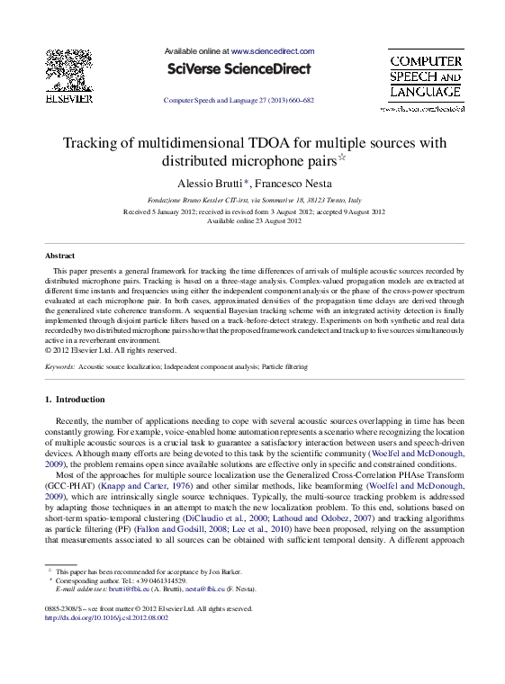 Pdf Tracking Of Multidimensional Tdoa For Multiple Sources With Distributed Microphone Pairs