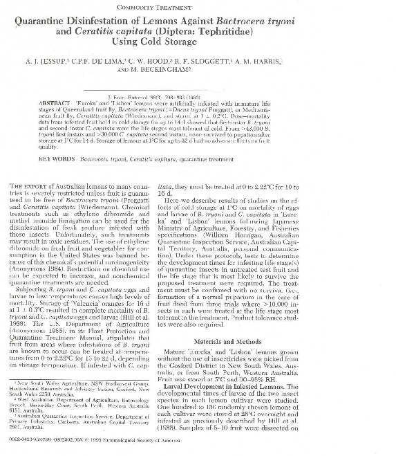 (PDF) Quarantine Disinfestation of Lemons Against Bactrocera tryoni and ...