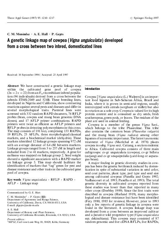 (PDF) A genetic linkage map of cowpea ( Vigna unguiculata ) developed ...