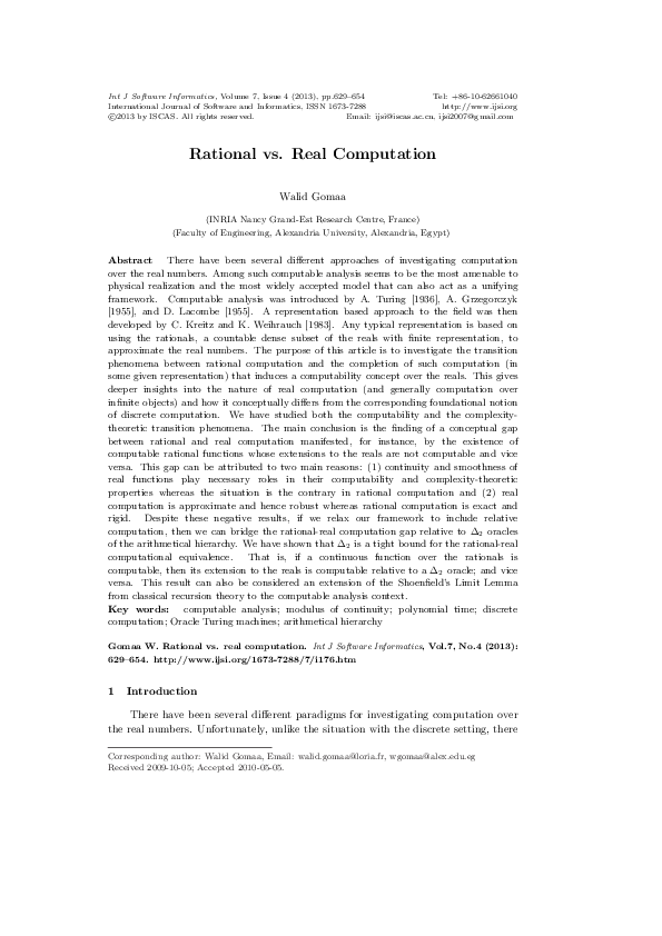 (PDF) Rational vs. Real Computation