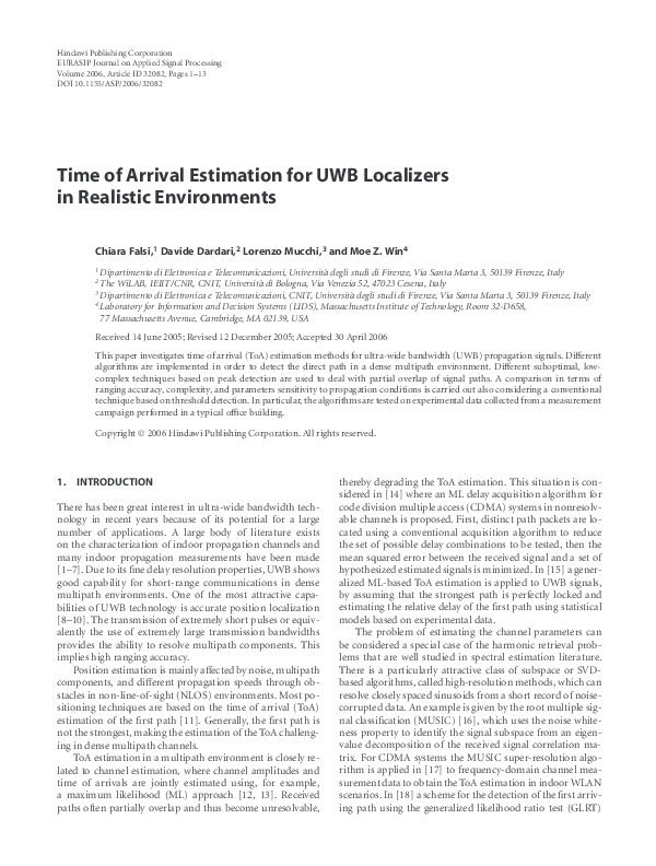 (PDF) Time of Arrival Estimation for UWB Localizers in Realistic Environments