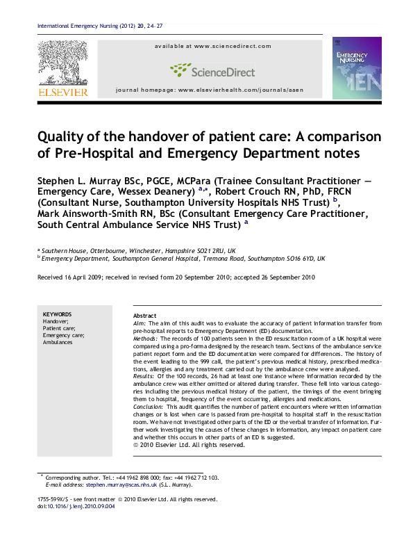 (PDF) Quality of the handover of patient care: A comparison of Pre ...
