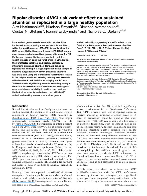 (PDF) Bipolar disorder ANK3 risk variant effect on sustained attention ...