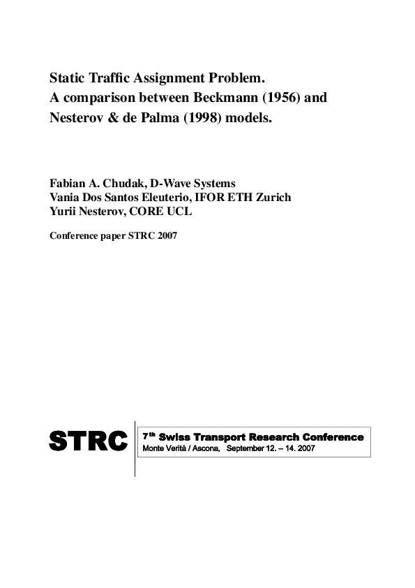 (PDF) Static Traffic Assignment Problem. A comparison between Beckmann (1956) and Nesterov & de ...