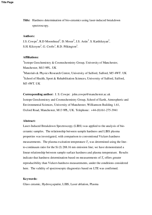 (PDF) Hardness determination of bio-ceramics using Laser-Induced Breakdown Spectroscopy