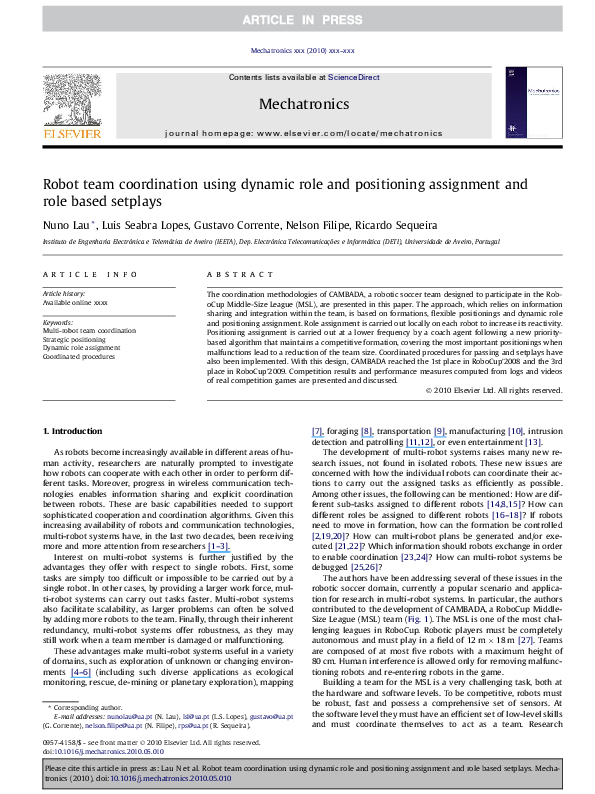 Pdf Robot Team Coordination Using Dynamic Role And Positioning Assignment And Role Based Setplays