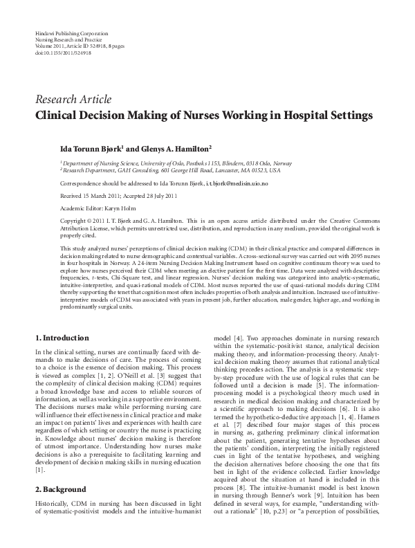 (PDF) Clinical decision making of nurses working in hospital settings