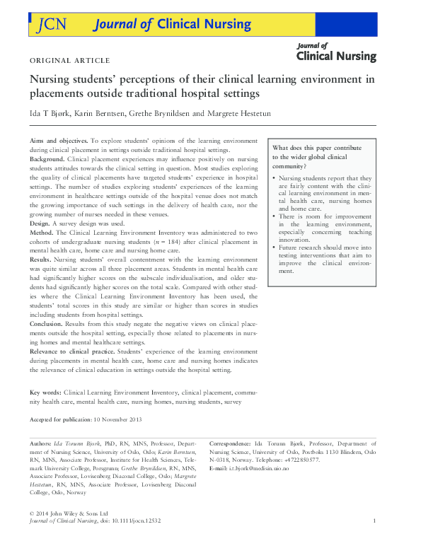 (PDF) Nursing students' perceptions of their clinical learning environment in placements outside ...