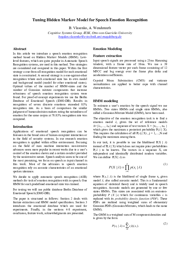 (PDF) Tuning hidden Markov model for speech emotion recognition