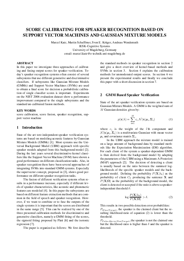 (PDF) Calibrating Speaker Recognition Scores Using SVMs