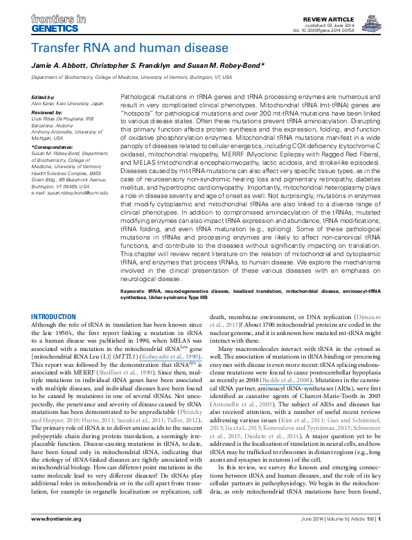(PDF) Transfer RNA and human disease