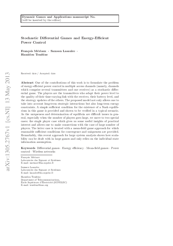 Pdf Stochastic Differential Games And Energy Efficient Power Control