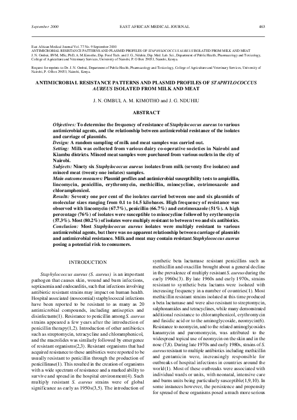 (PDF) Antimicrobial resistance patterns and plasmid profiles of Staphylococcus Aureus isolated ...