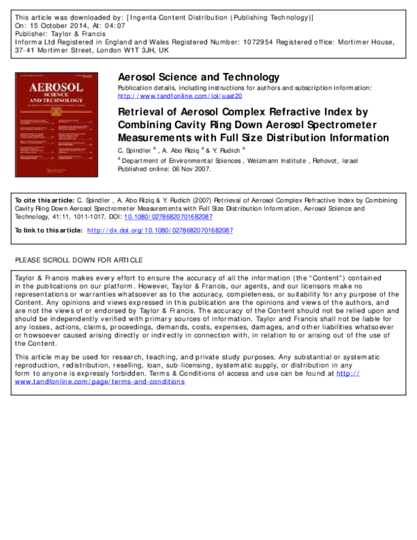 (PDF) Retrieval of Aerosol Complex Refractive Index by Combining Cavity Ring Down Aerosol ...