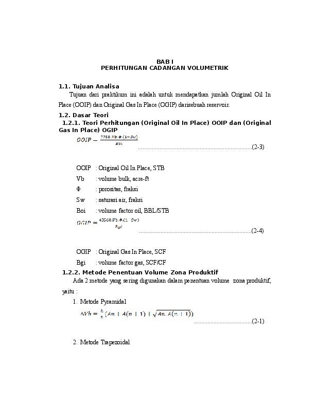 (DOC) Perhitungan Cadangan Volumetrik Minyak Menggunakan Microsoft Excel