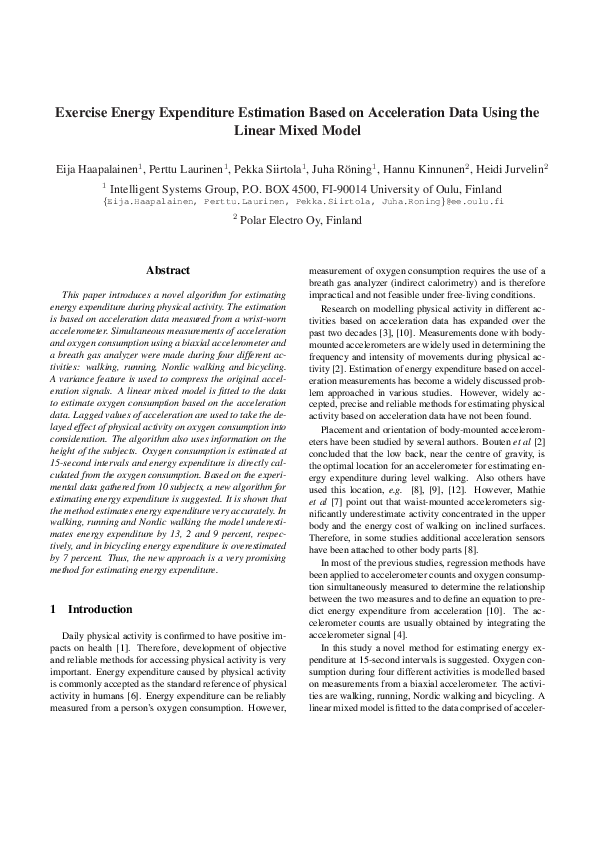 (PDF) Exercise energy expenditure estimation based on acceleration data using the linear mixed ...