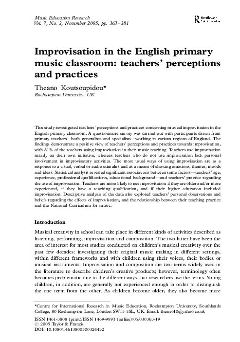 (PDF) Improvisation in the English primary music classroom: teachers ...