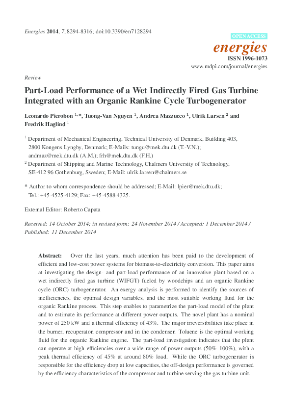 (PDF) Part-Load Performance of aWet Indirectly Fired Gas Turbine Integrated with an Organic ...