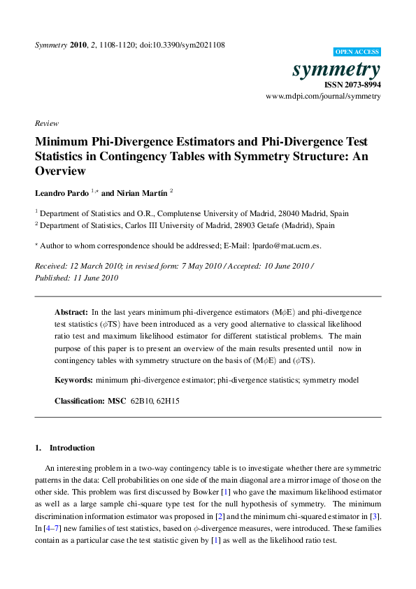 Pdf Minimum Phi Divergence Estimators And Phi Divergence Test