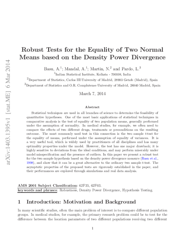 Pdf Robust Tests For The Equality Of Two Normal Means Based On The Density Power Divergence