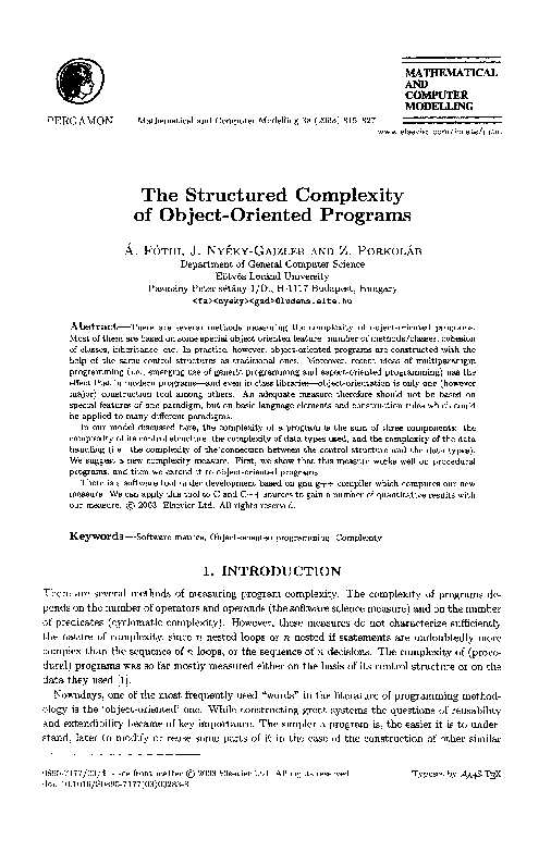 Pdf The Structured Complexity Of Object Oriented Programs