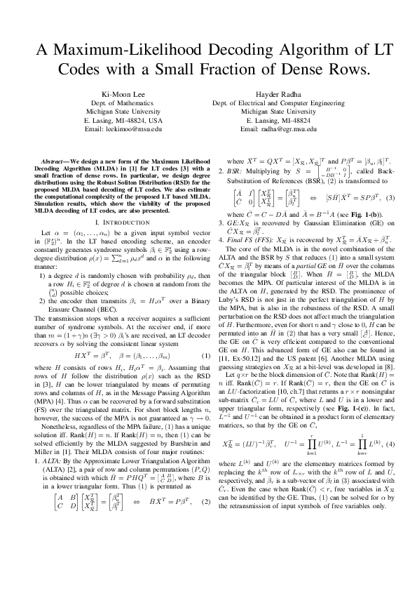 Pdf A Maximum Likelihood Decoding Algorithm Of Lt Codes With A Small Fraction Of Dense Rows